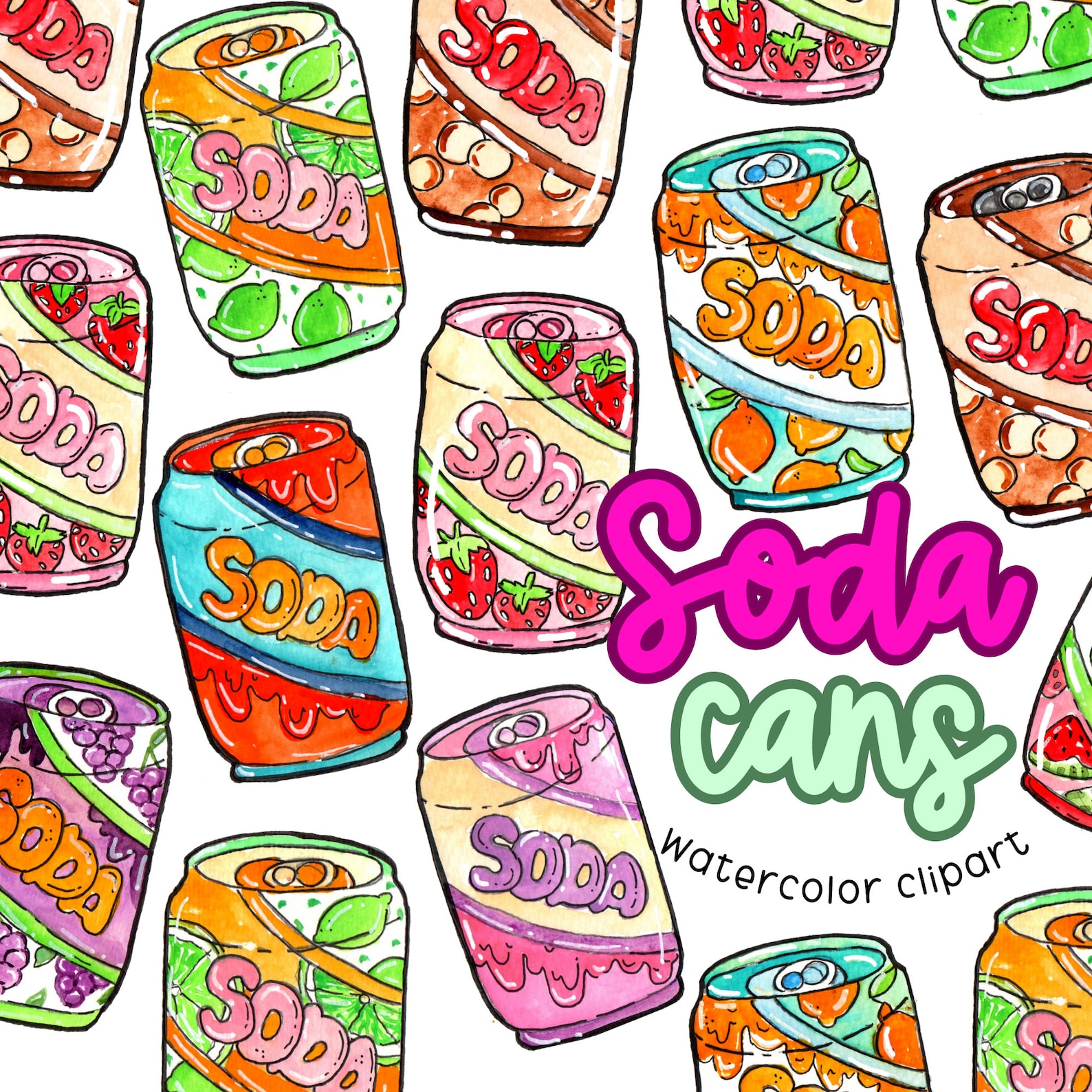 Watercolor Soda Clipart, Soda Pop,drinks,fast Food, Soda Cans,soft ...