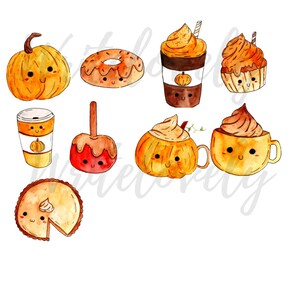 Watercolor Clipart - Kawaii, Pumpkin Spice, Cute, Pumpkin, Coffee, Tea ...