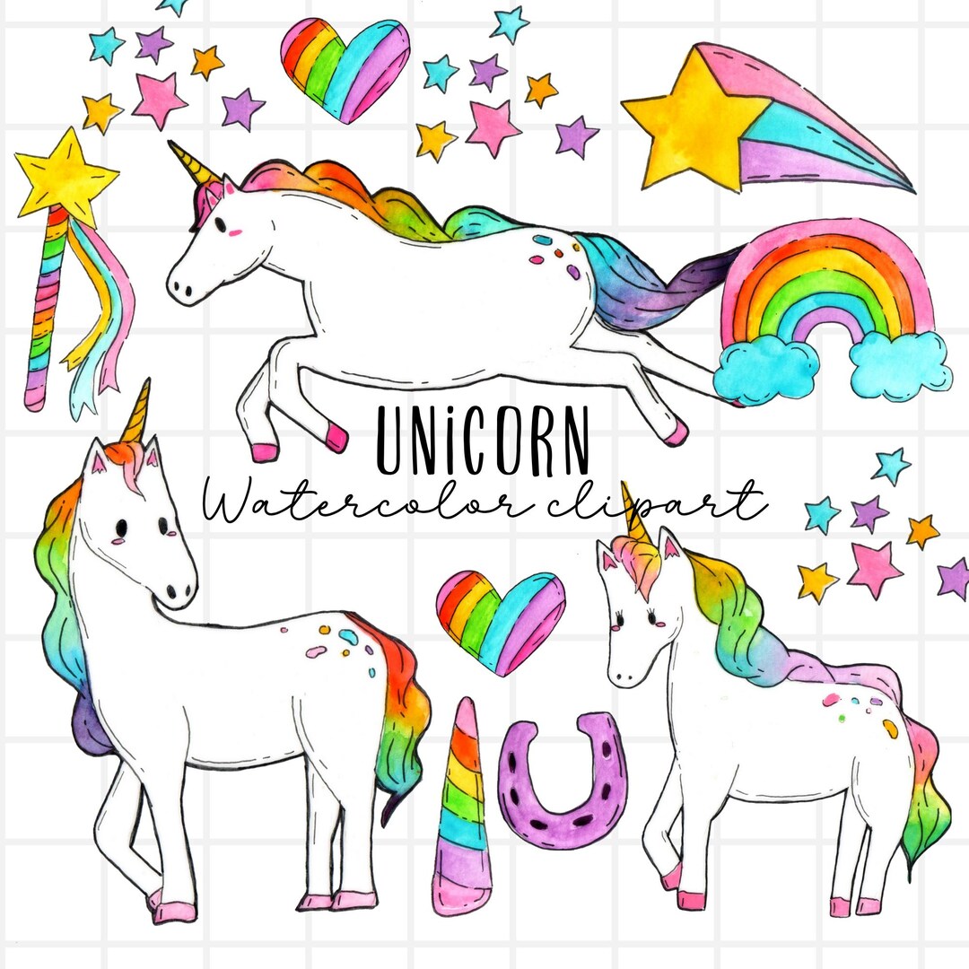 Watercolor Clipart - Unicorn Clipart, Cute, Rainbow, Stars, Magical ...
