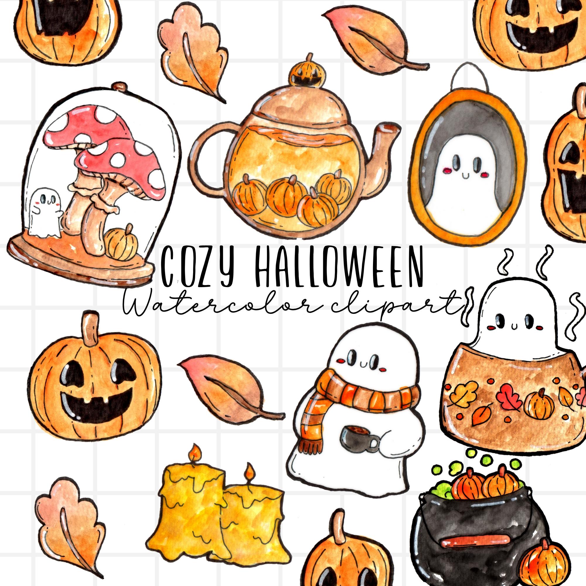 Watercolor Halloween Clipart, Cozy Halloween, Cute Ghost, Pumpkin Tea ...