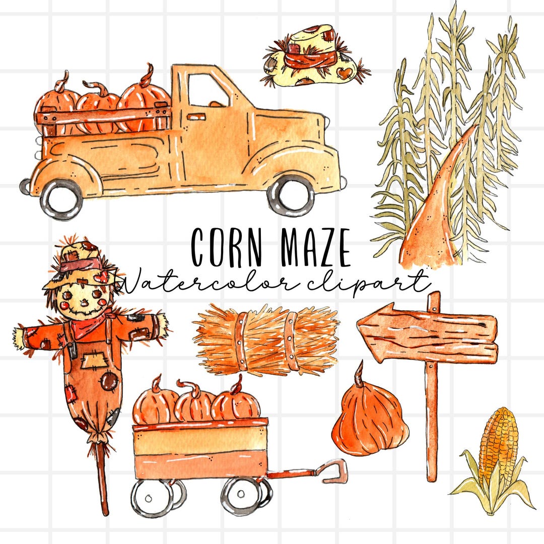 Watercolor Clipart - Corn Maze Clipart, Scare Crown, Pumpkin Patch ...