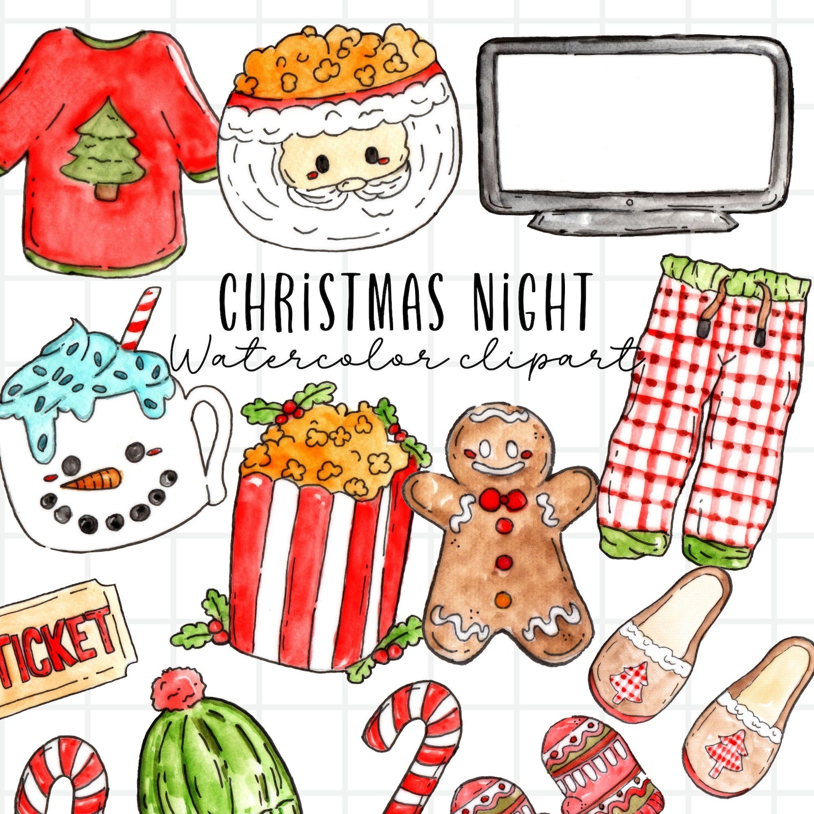 Watercolot Clipart, Christmas Clipart, Movie Night, Winter Clipart ...