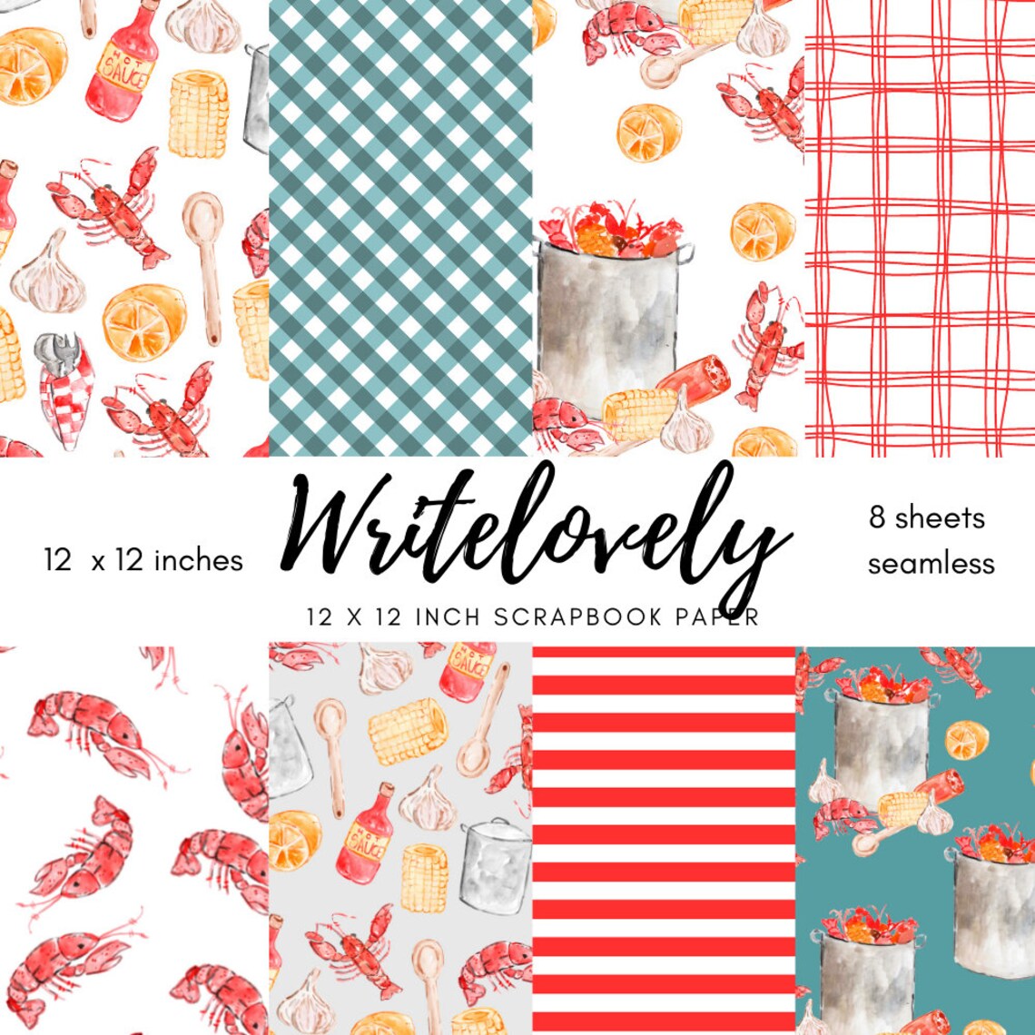 Seamless Scrapbook Paper Pack - Crawfish Boil - Digital Paper - Seafood ...