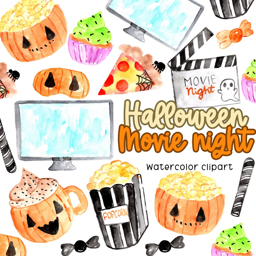 Watercolor Halloween Movie Night Clipart, Creepy Cozy Halloween ...