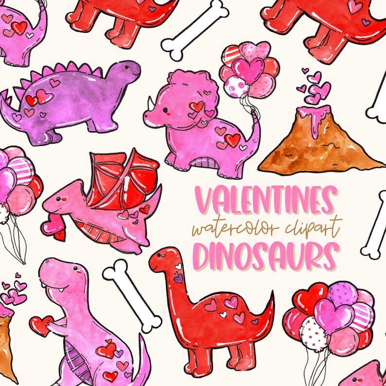 Valentines Day Dinosaur Clipart. Watercolor Hearts Trex - Etsy