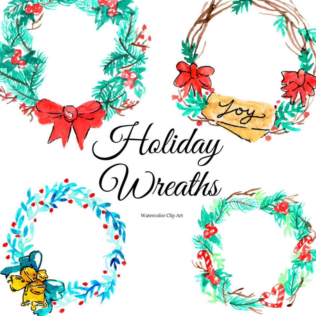 Christmas Holiday Wreath Clipart, Watercolor, Holly, Pine, Holiday ...