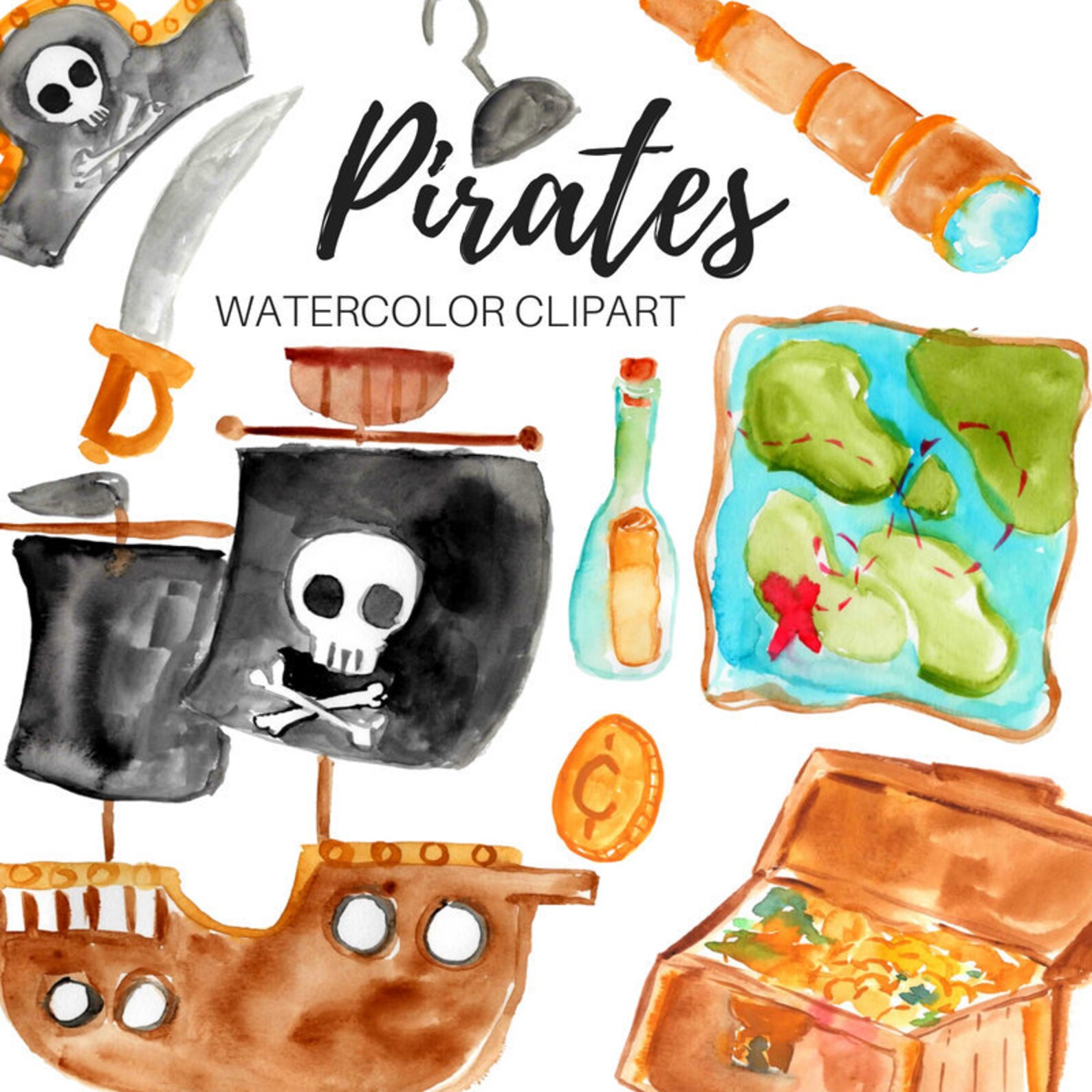 Pirates Clipart Watercolor Clipart Adventure Clipart Sea | Etsy