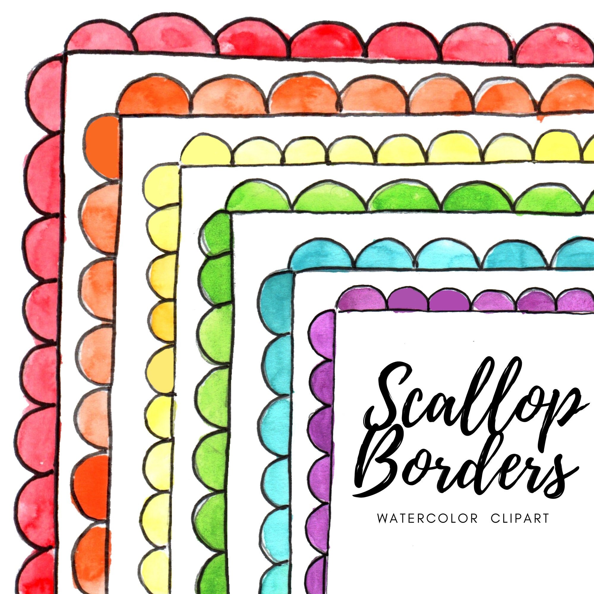 Scallop Borders Clipart Border Graphics Rainbow Doodle - Etsy