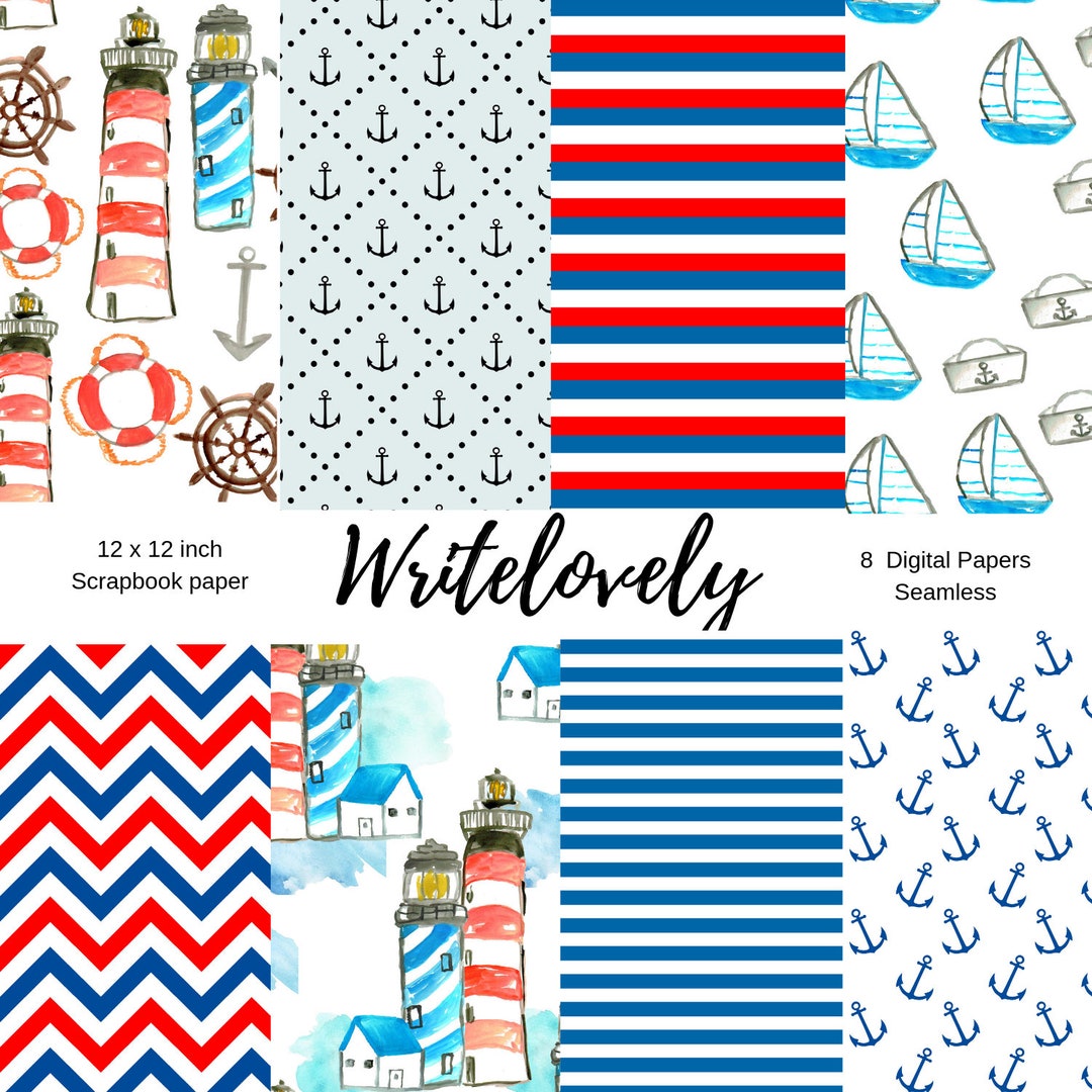 Seamless Nautical Sea Life Digital Paper - Light House Scrapbook Paper ...