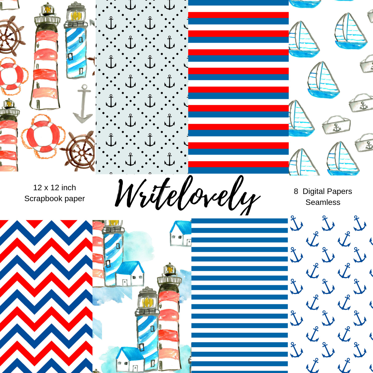 Seamless nautical sea life digital paper light house | Etsy