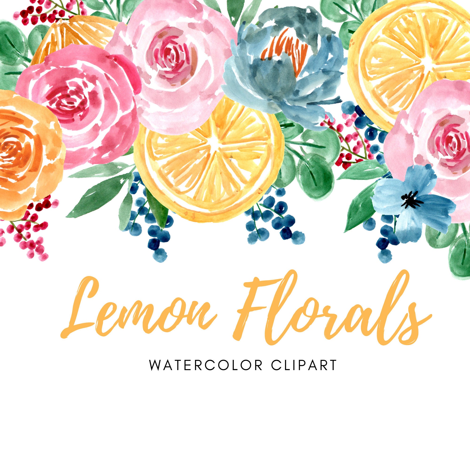 Watercolor Clip Art Floral Lemon Boquet Summer Clipart - Etsy