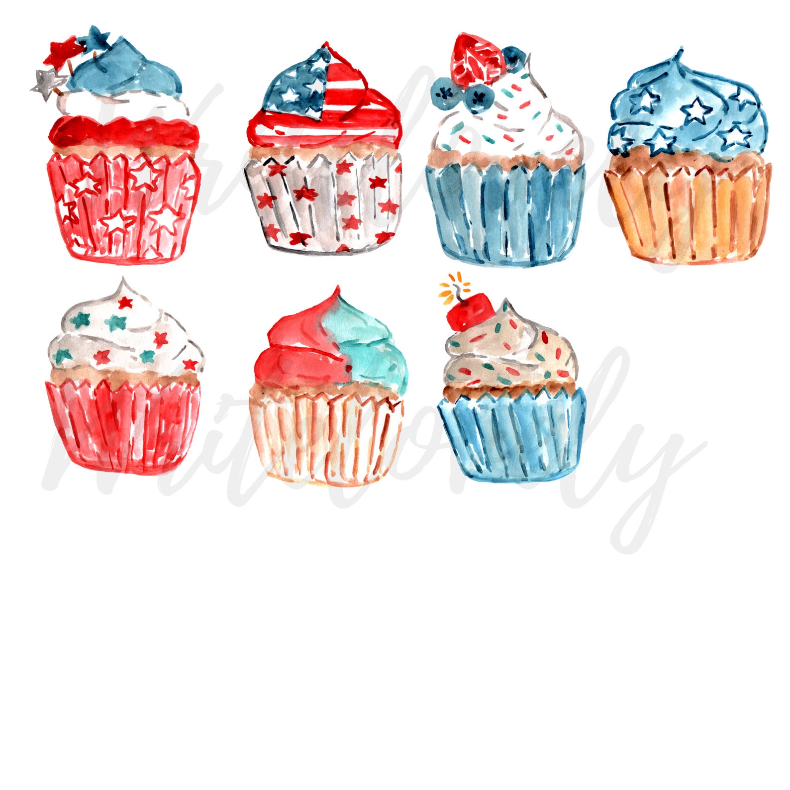 Watercolor Cupcake Clipart Independence Day Graphics - Etsy