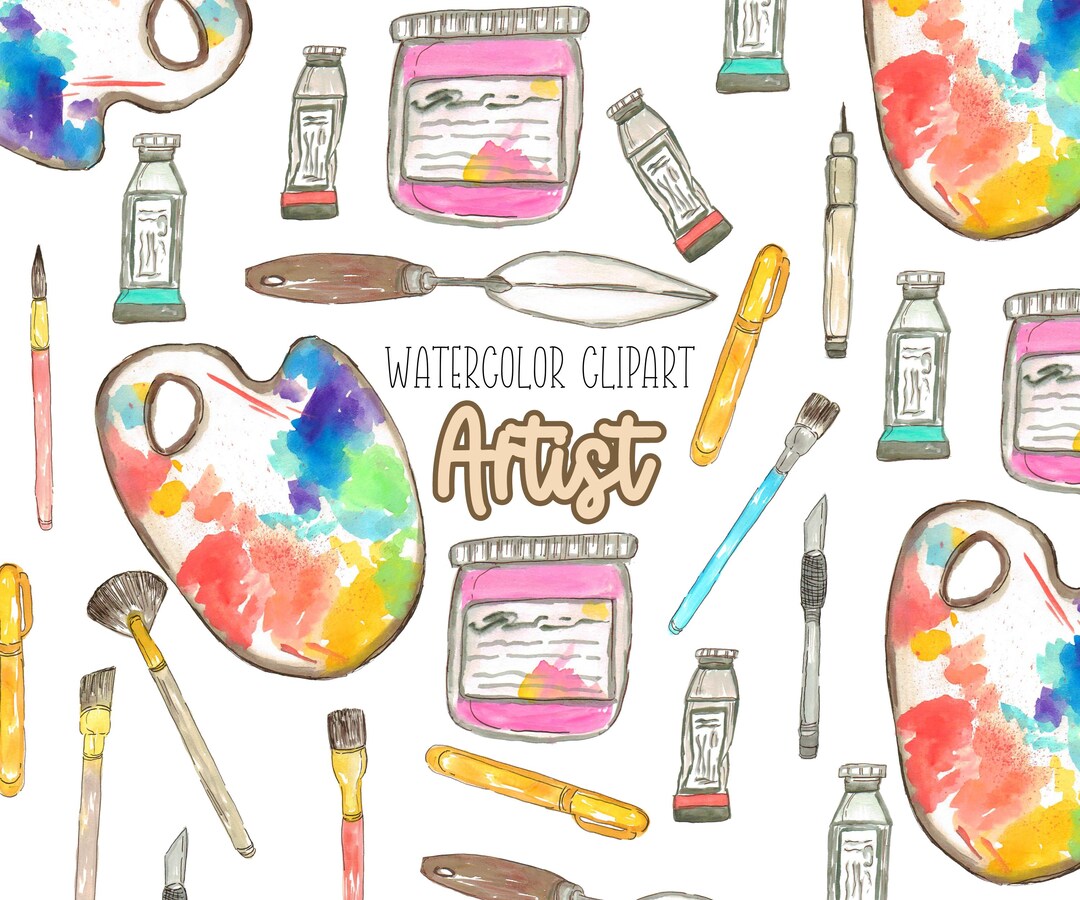 Watercolor Art Supplies Clipart, Paint Brush, Paint, Canvas Graphics ...