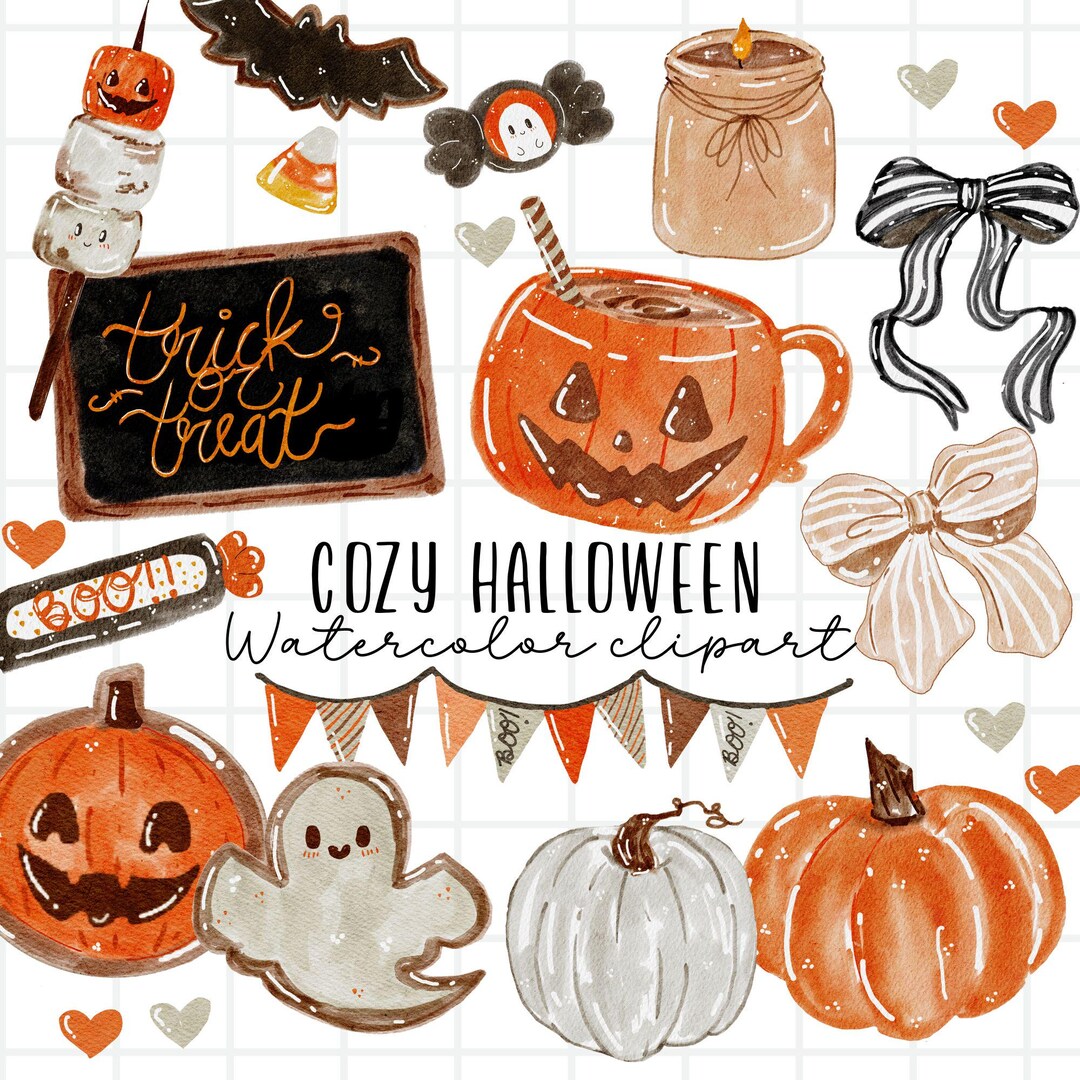 Cozy Halloween Clipart, Watercolor Fall Clipart, Spooky Clipart, Cozy ...