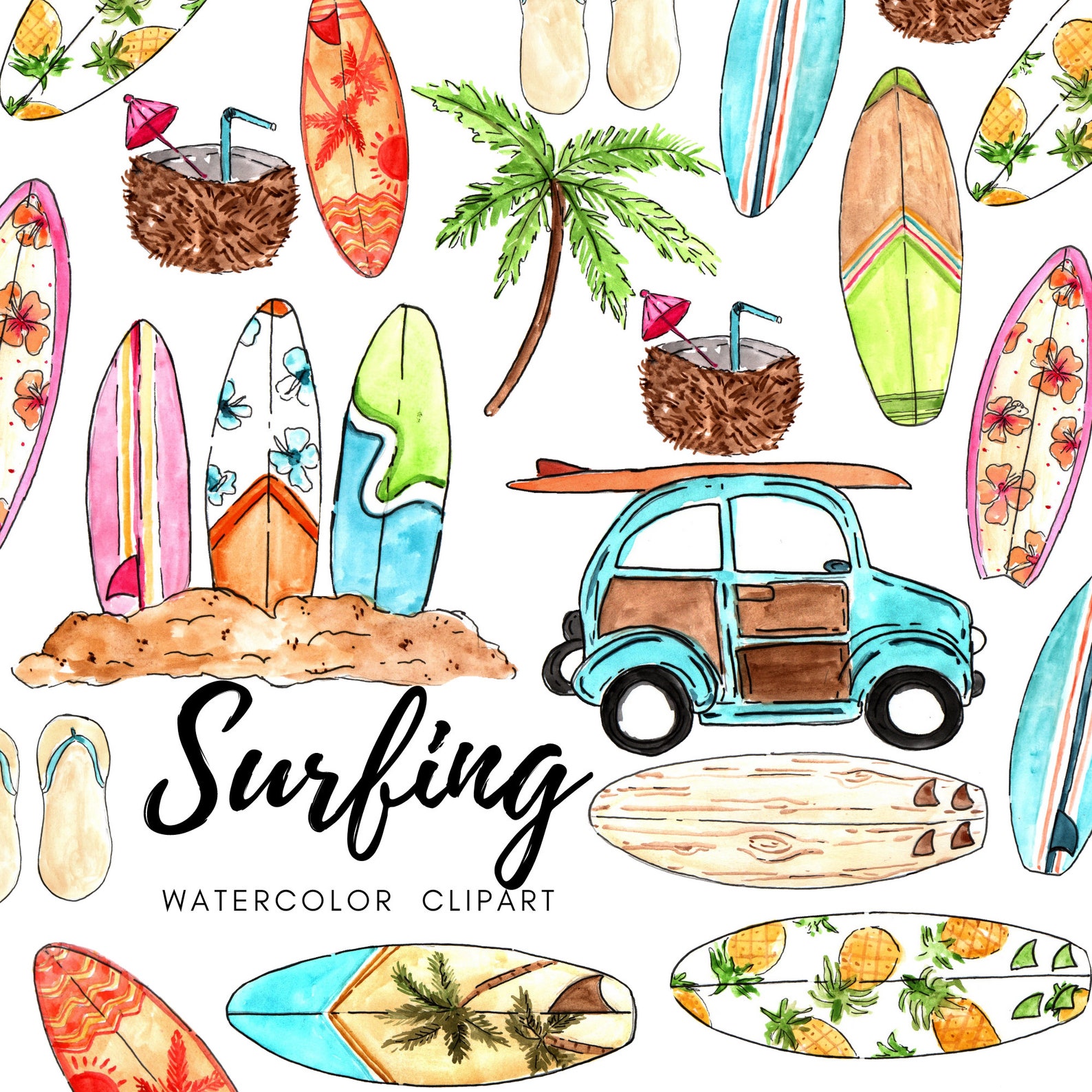Watercolor Surf Board Clip Art Summer Beach Graphics PNG - Etsy