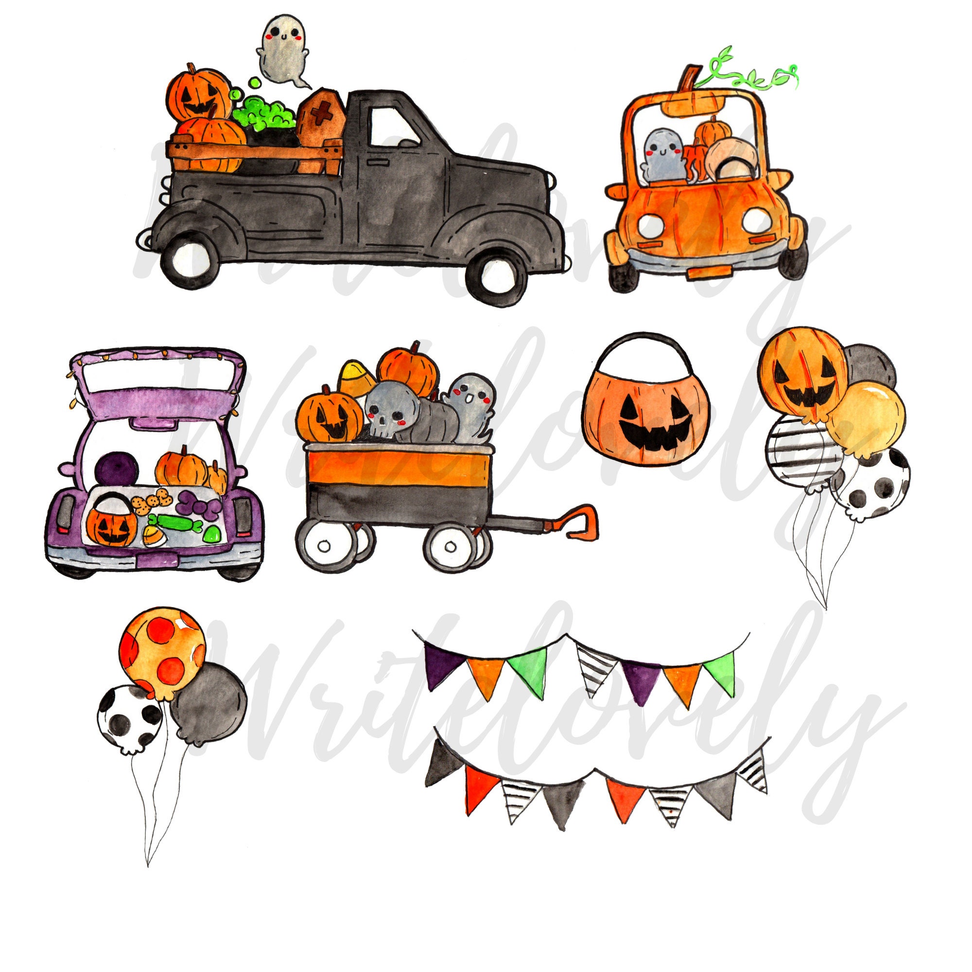 Halloween Clipart Watercolor Halloween Car Truck Spooky - Etsy