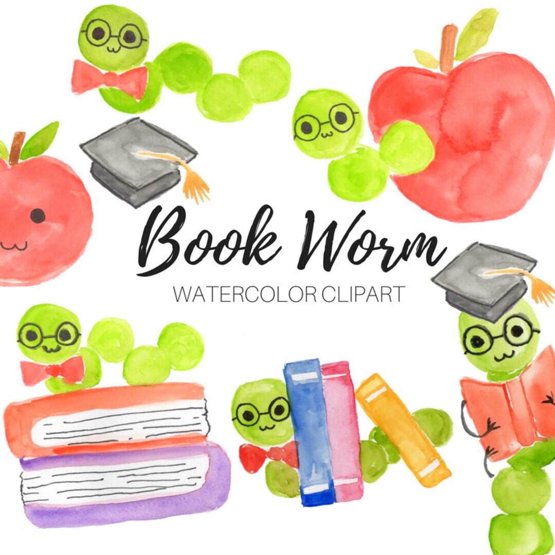 Back to School Clipart Watercolor Kawaii Bookworm Prek - Etsy