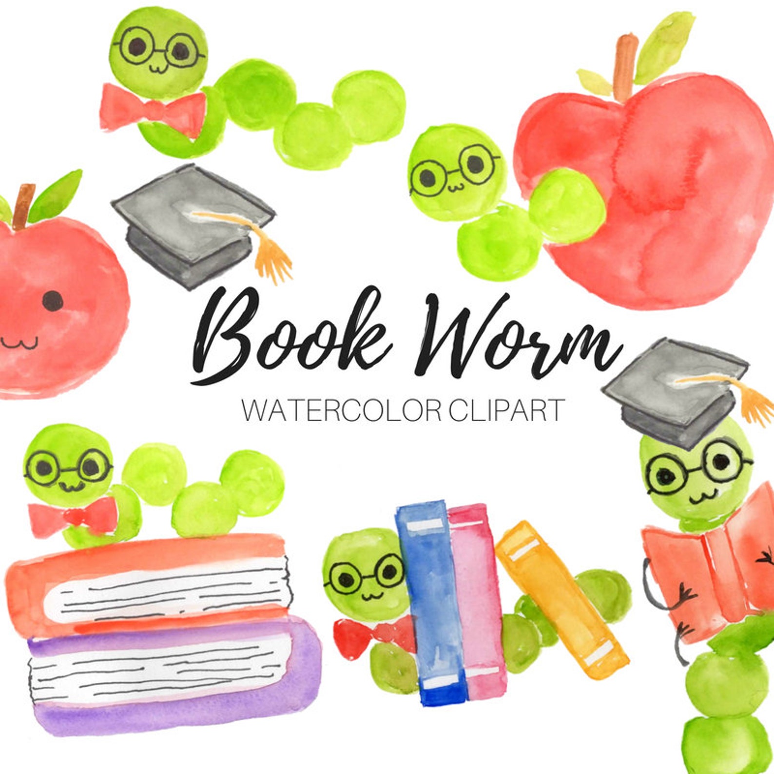Back to School Clipart Watercolor Kawaii Bookworm Prek - Etsy