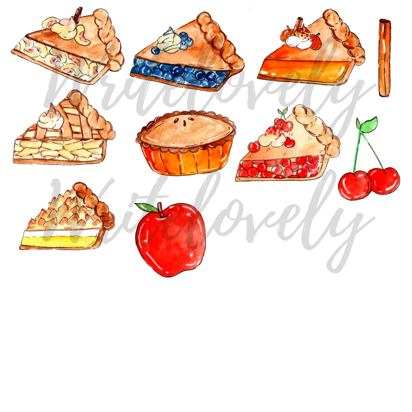 Watercolor Clipart -pie, Pie Baking, Apple Pie, Blue Berry Pie, Peach ...