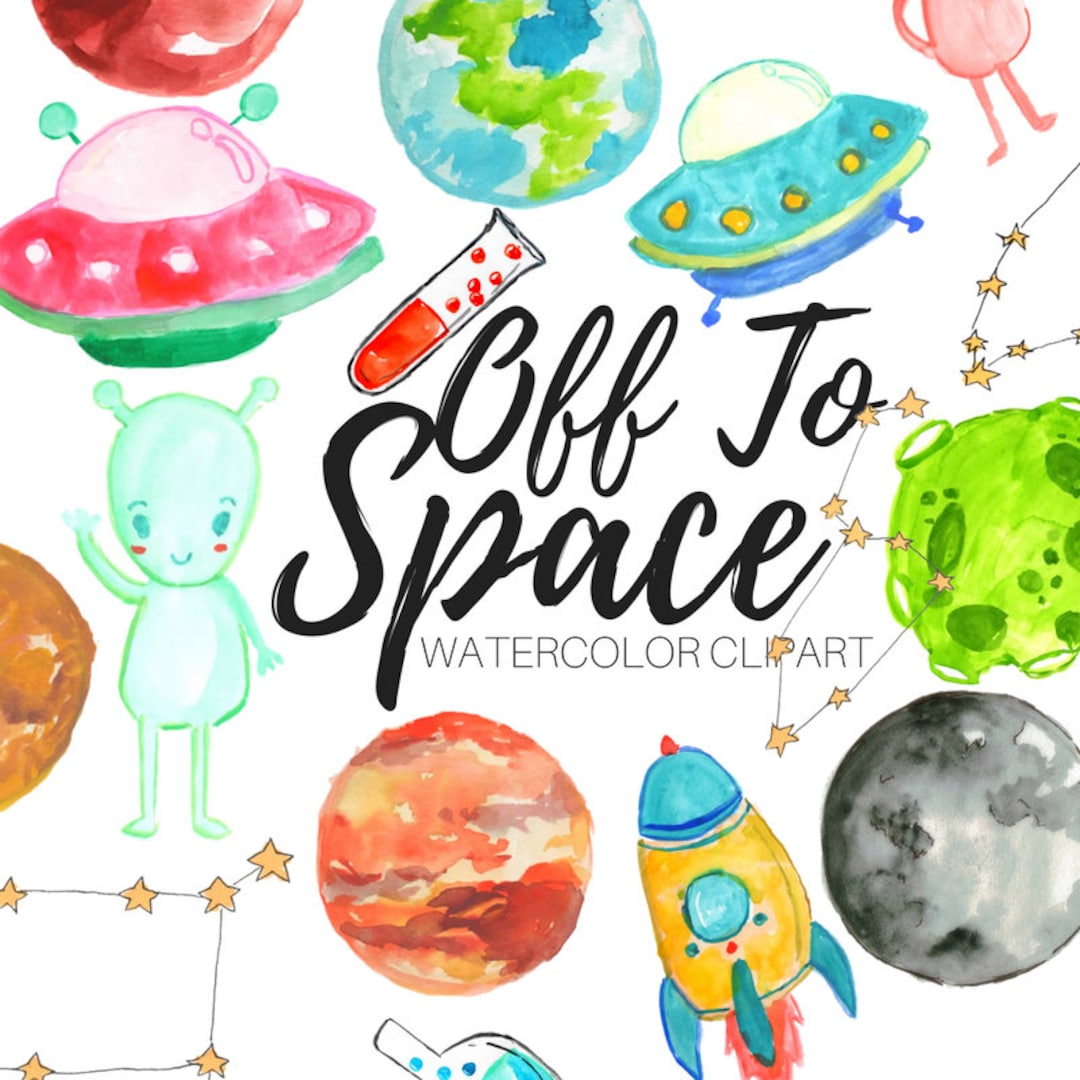 Large Watercolor Space Clipart Bundle, Aliens, Stars, Space Ship ...