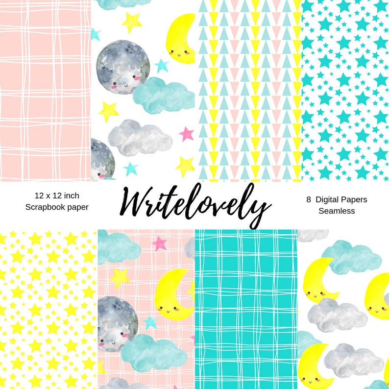 Seamless Nursery Star and Moon Digital Scrapbook Paper Cute - Etsy