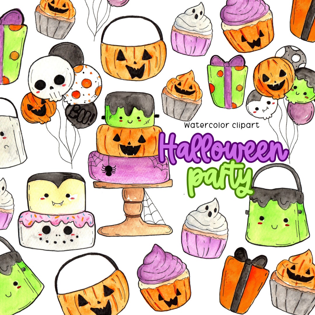 Watercolor Halloween Party Clipart - Ghost, Pumpkin, Party Cake ...