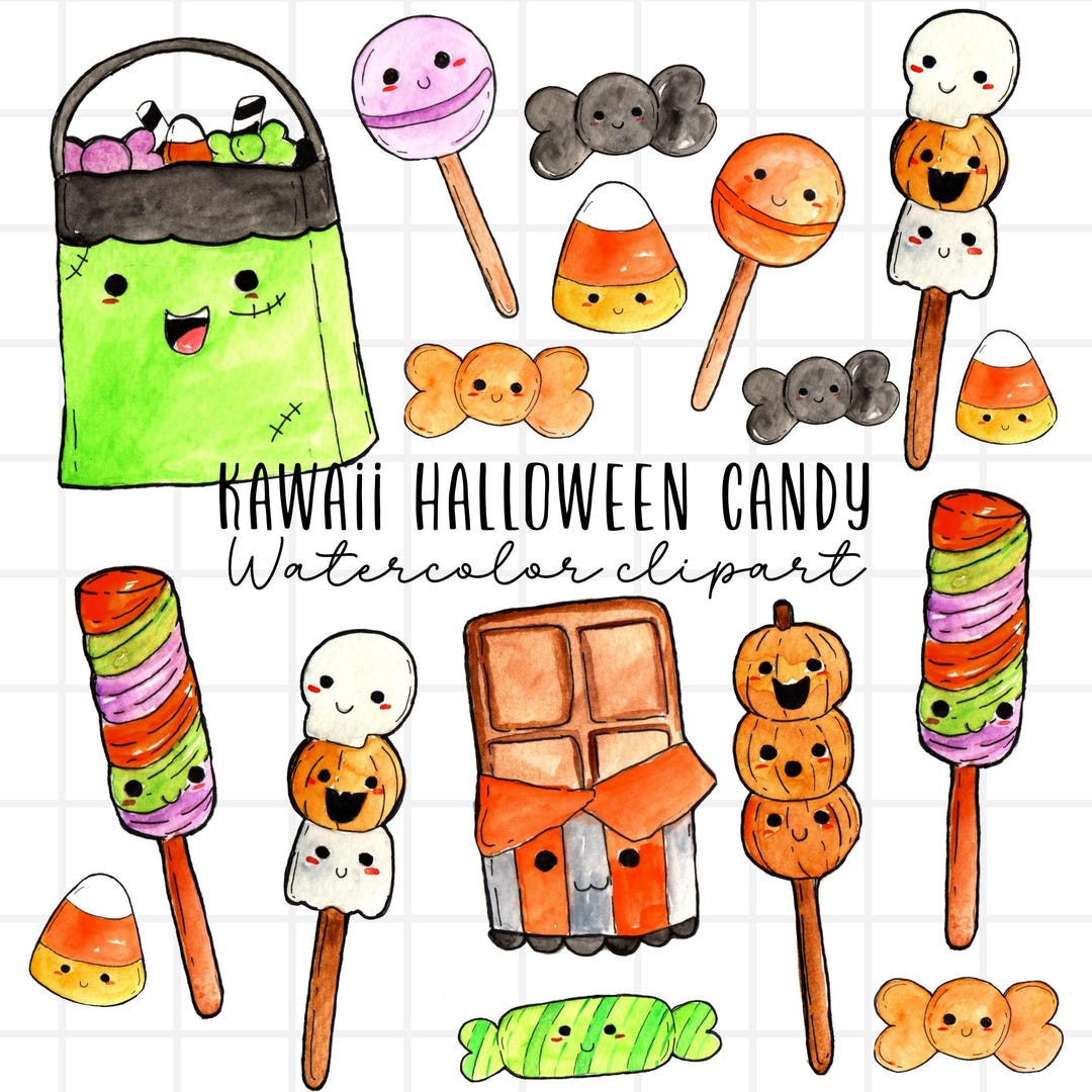 Watercolor Clipart, Kawaii Halloween Candy, Chocolate Bar, Candy Corn ...