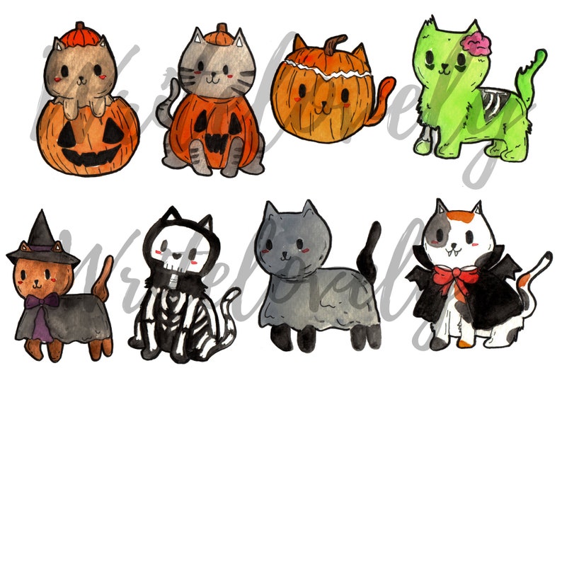 Watercolor Clipart - Halloween Cats, Spooky, Creepy, Cute Cats, Cat ...