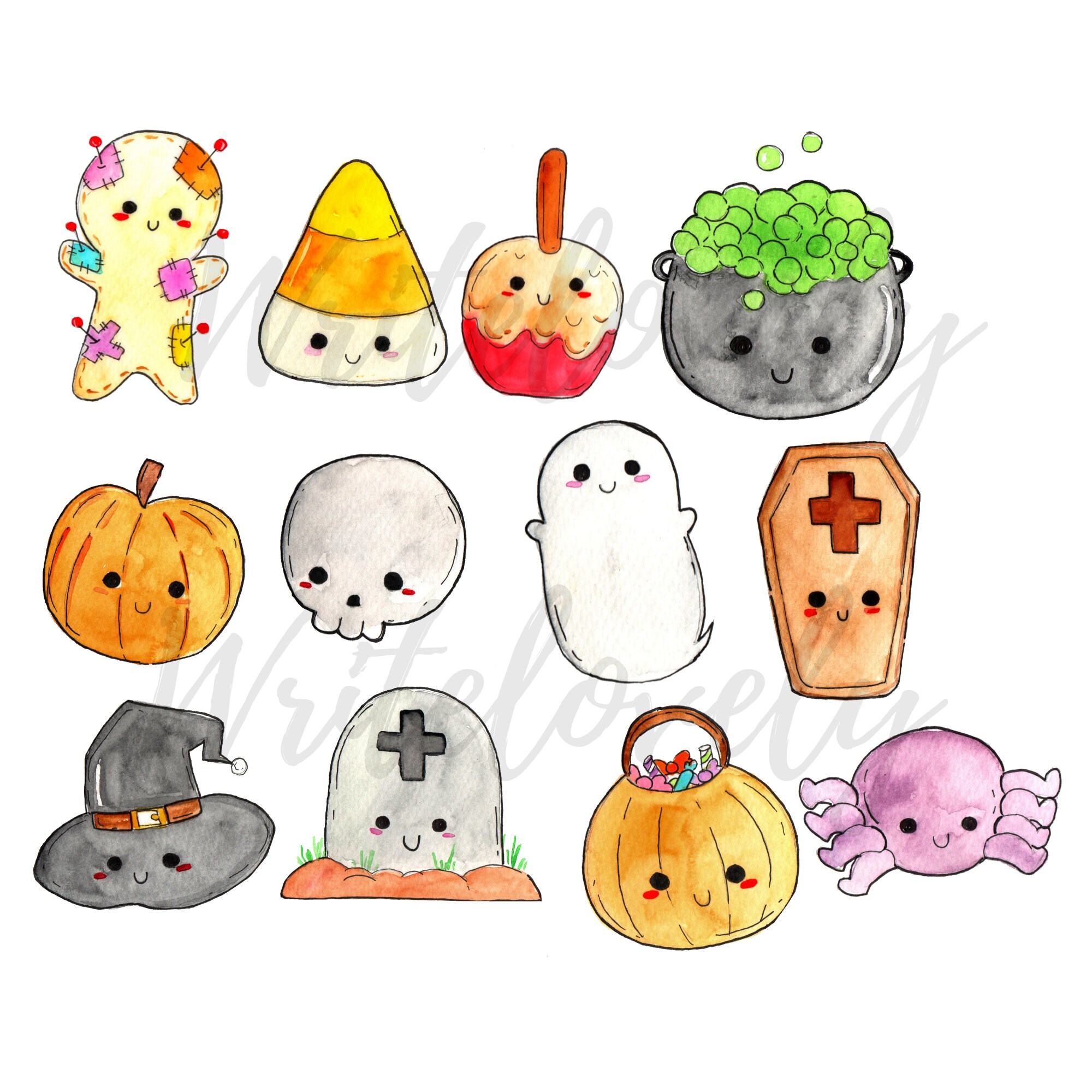 Kawaii Halloween Clipart Watercolor Ghost Pumpkin Skull - Etsy