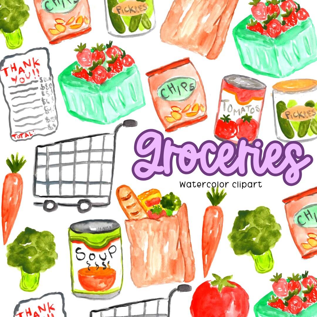 Watercolor Groceries Shopping Clipart, Shopping Food Graphics in Png ...