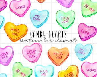 Watercolor Valentines Day Candy Heart Clipart, Candy Graphics in Png ...