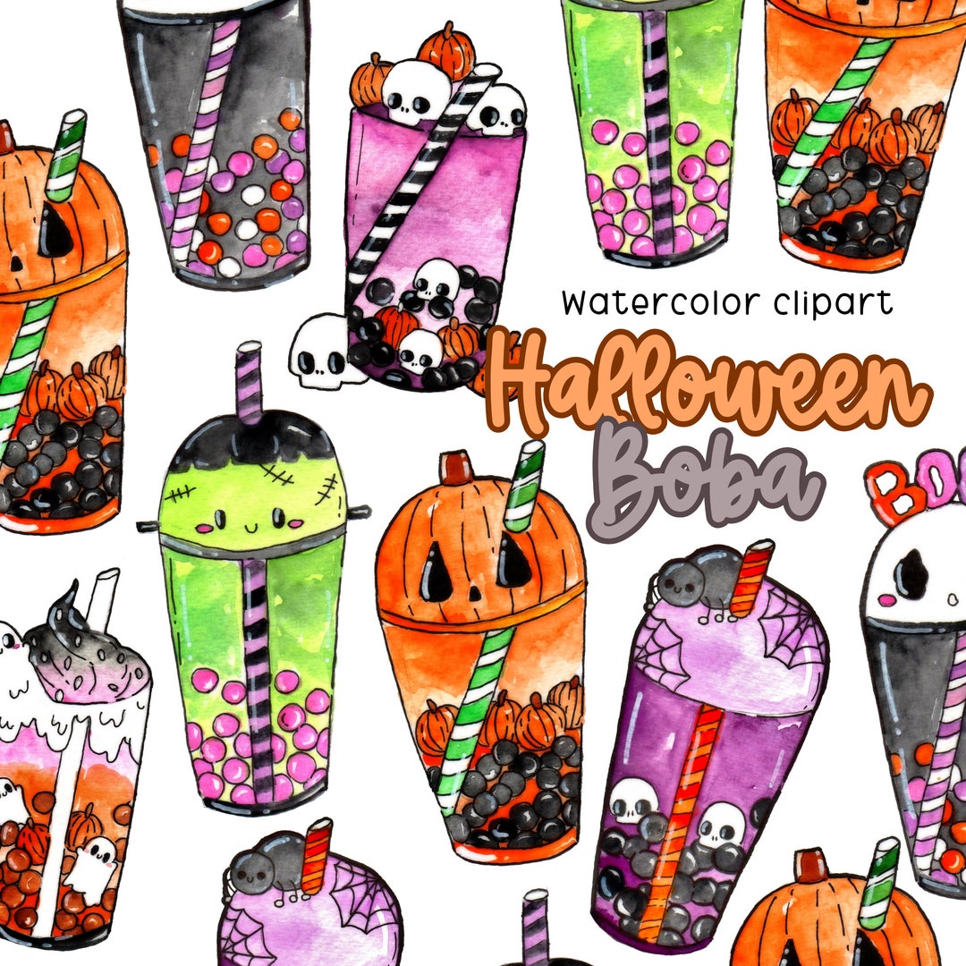 Watercolor Halloween Boba Clipart, Drink Graphics, Spooky Boba ...
