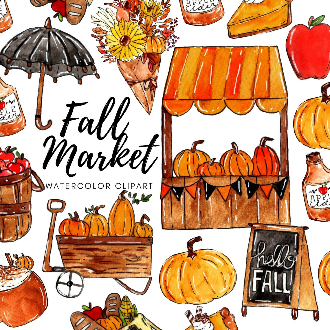 Watercolor Clipart Fall Market Farmers Market Autumn Flea - Etsy