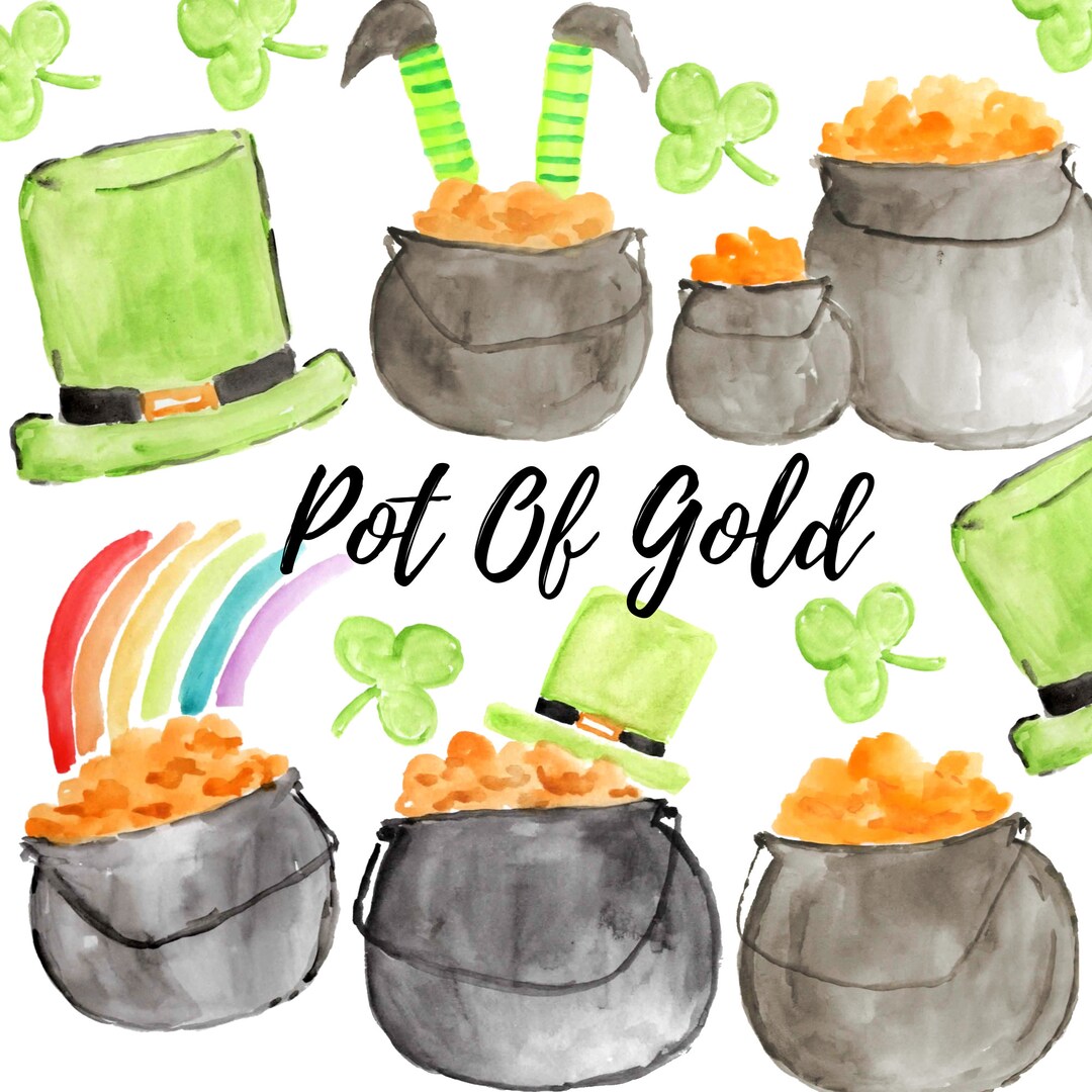 Watercolor St Patricks Day Clipart Pot of Gold Rainbow Graphics ...