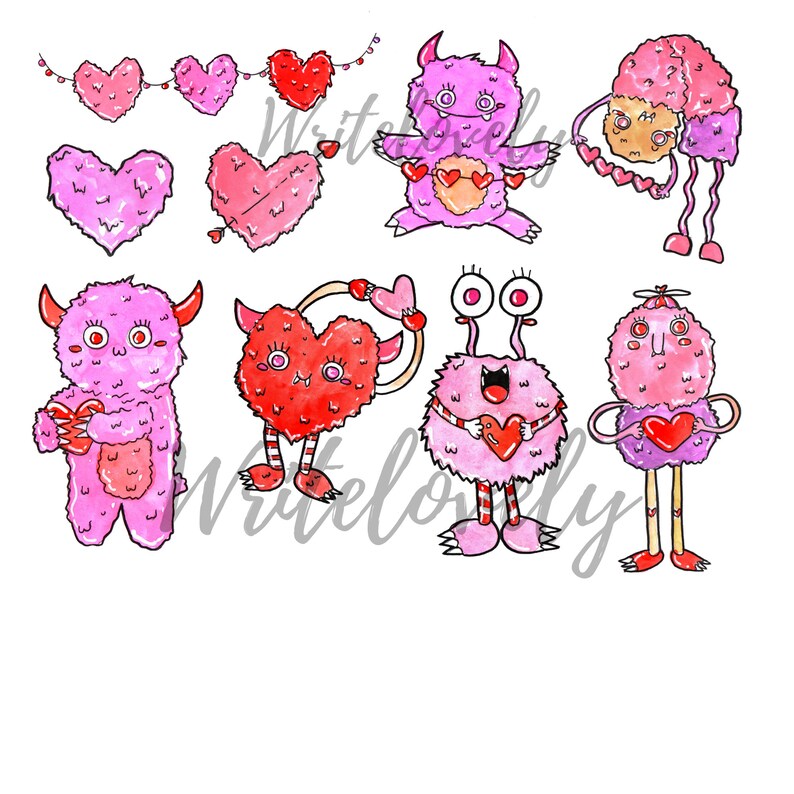 Valentines Day Clipart Cute Monster Clipart Hearts Kawaii - Etsy