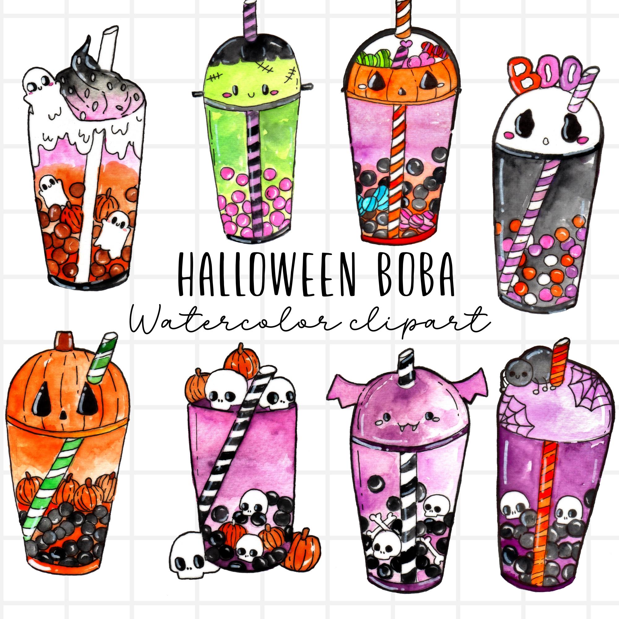 Watercolor Halloween Boba Clipart, Drink Graphics, Spooky Boba ...