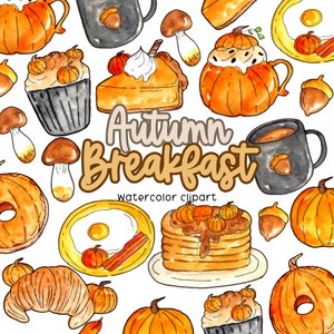 Watercolor Fall Autumn Breakfast Clipart, Bacon, Eggs, Pumpkin Pie ...