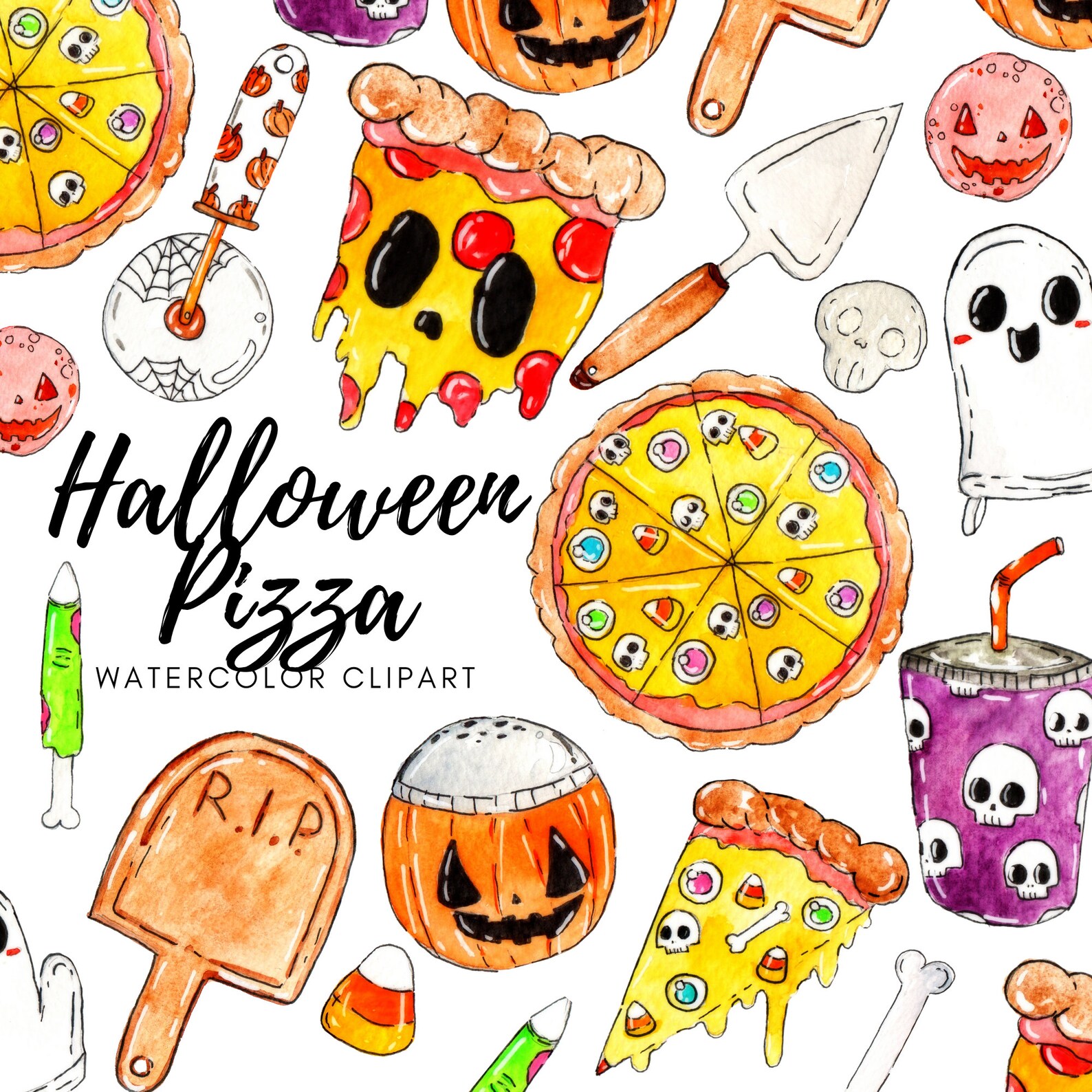 Watercolor Clipart Halloween Pizza Spooky Pizza Creepy - Etsy