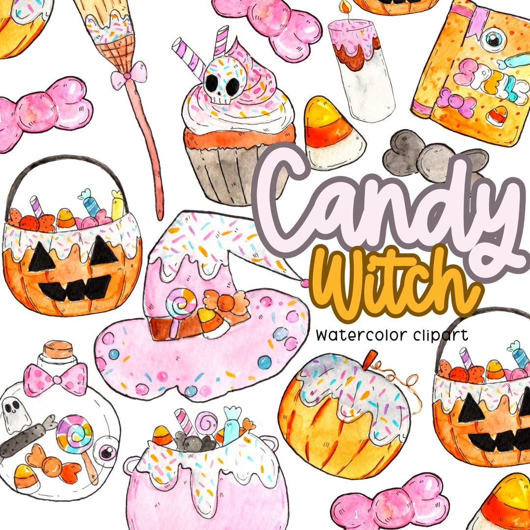 Halloween Watercolor Clipart, Candy Witch, Cauldron, Candy Corn, Spooky ...