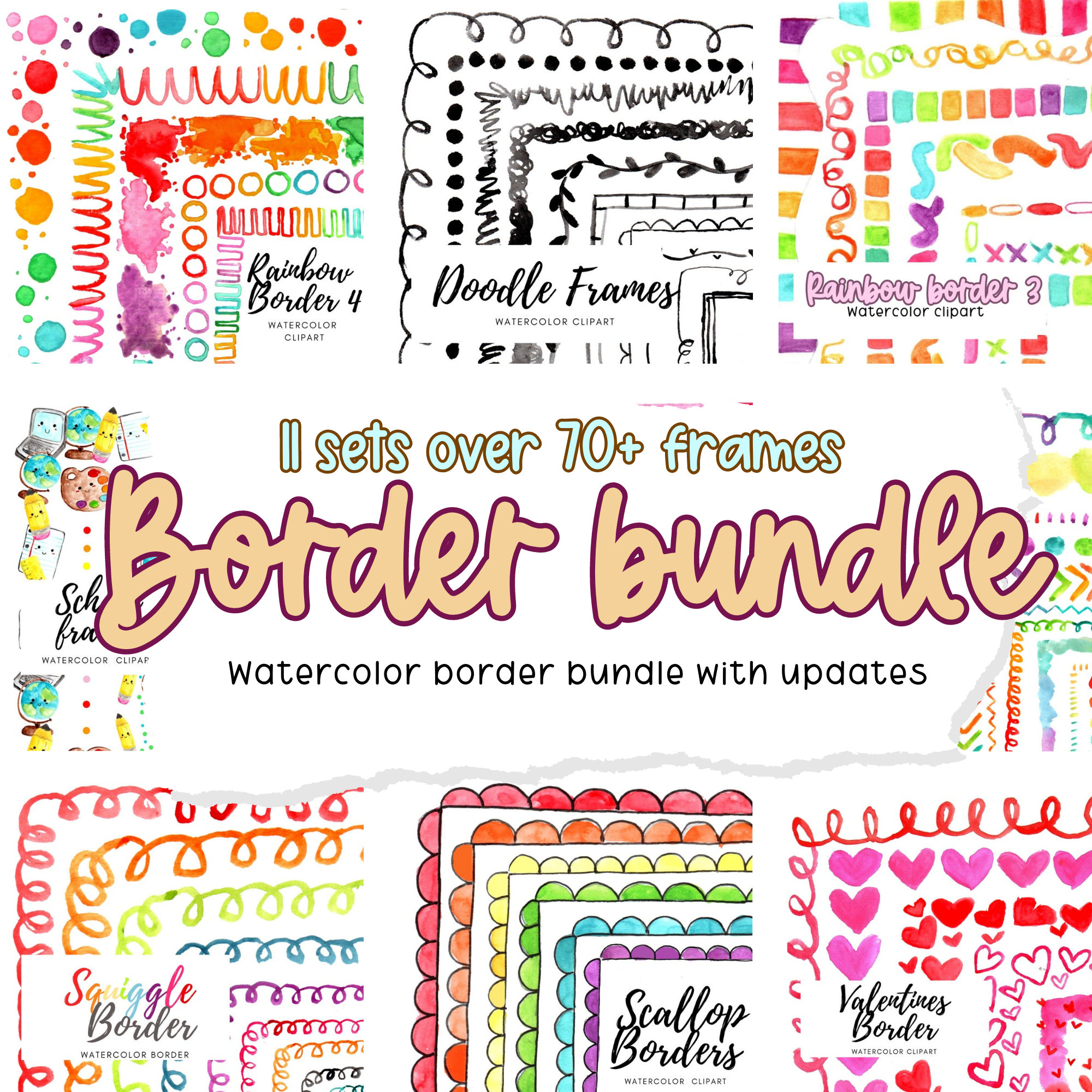 Large Watercolor Border Clipart Bundle Set, Doodle Frame, Bulletin ...