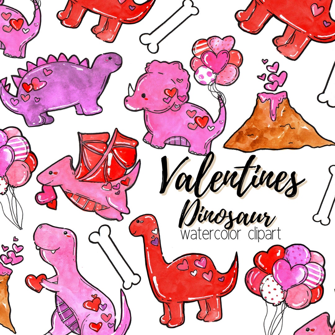 Valentines Day Dinosaur Clipart. Watercolor Hearts Trex - Etsy
