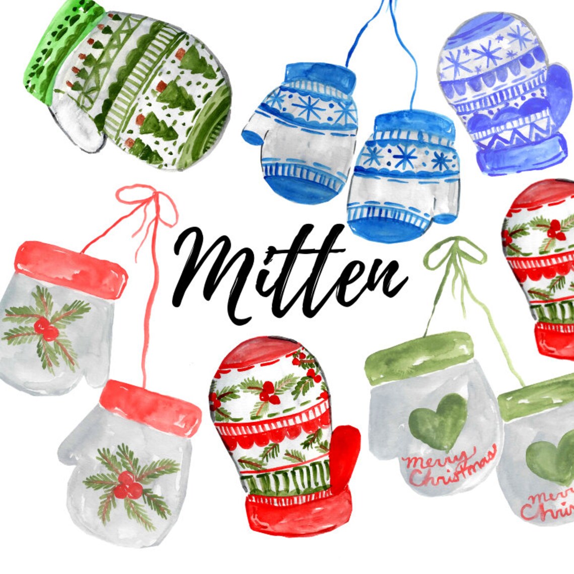 Watercolor Christmas Clipart Winter Gloves Mitten | Etsy