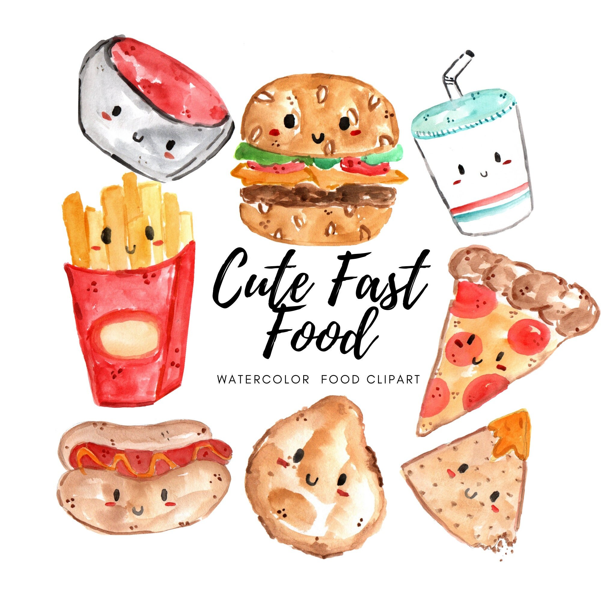 Watercolor Clipart Kawaii Fast Food Burger Fries Soda - Etsy