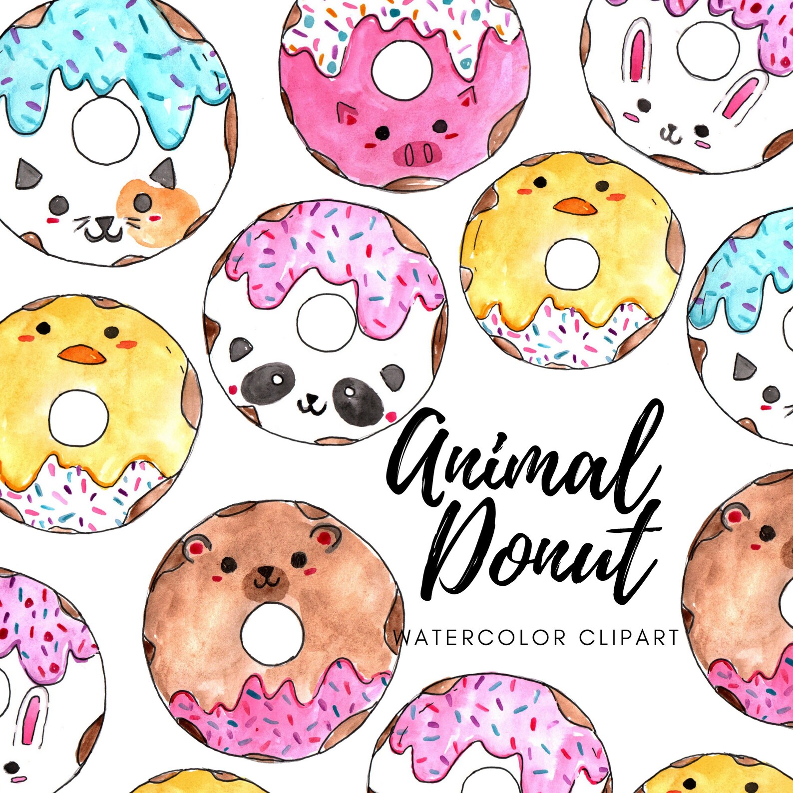 Watercolor Clip Art Kawaii Donut Animal Clip Art Png - Etsy