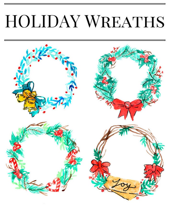 Christmas holiday wreath clipart watercolor holly pine | Etsy