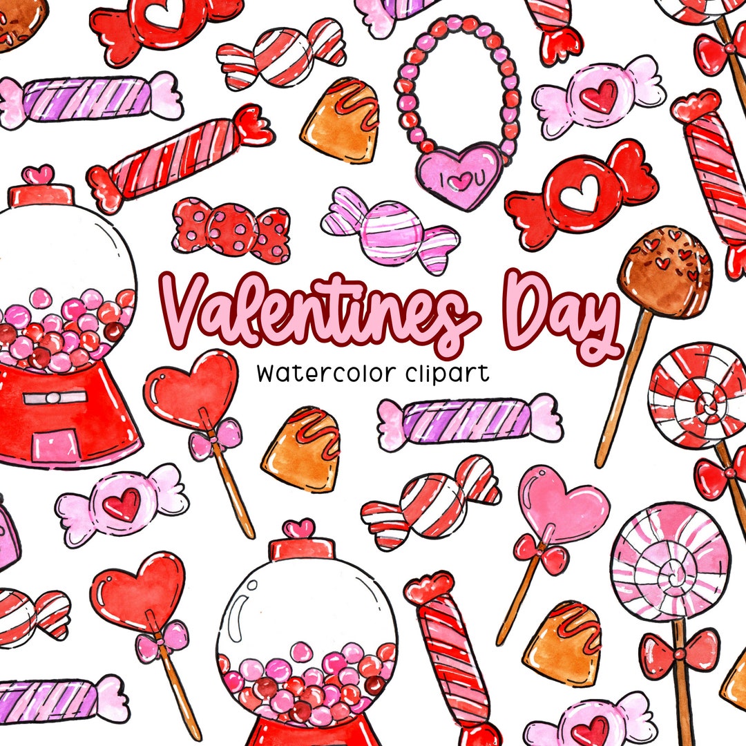 Valentines Day Candy Watercolor Clipart, Heart Candy, Gum Ball Machine ...