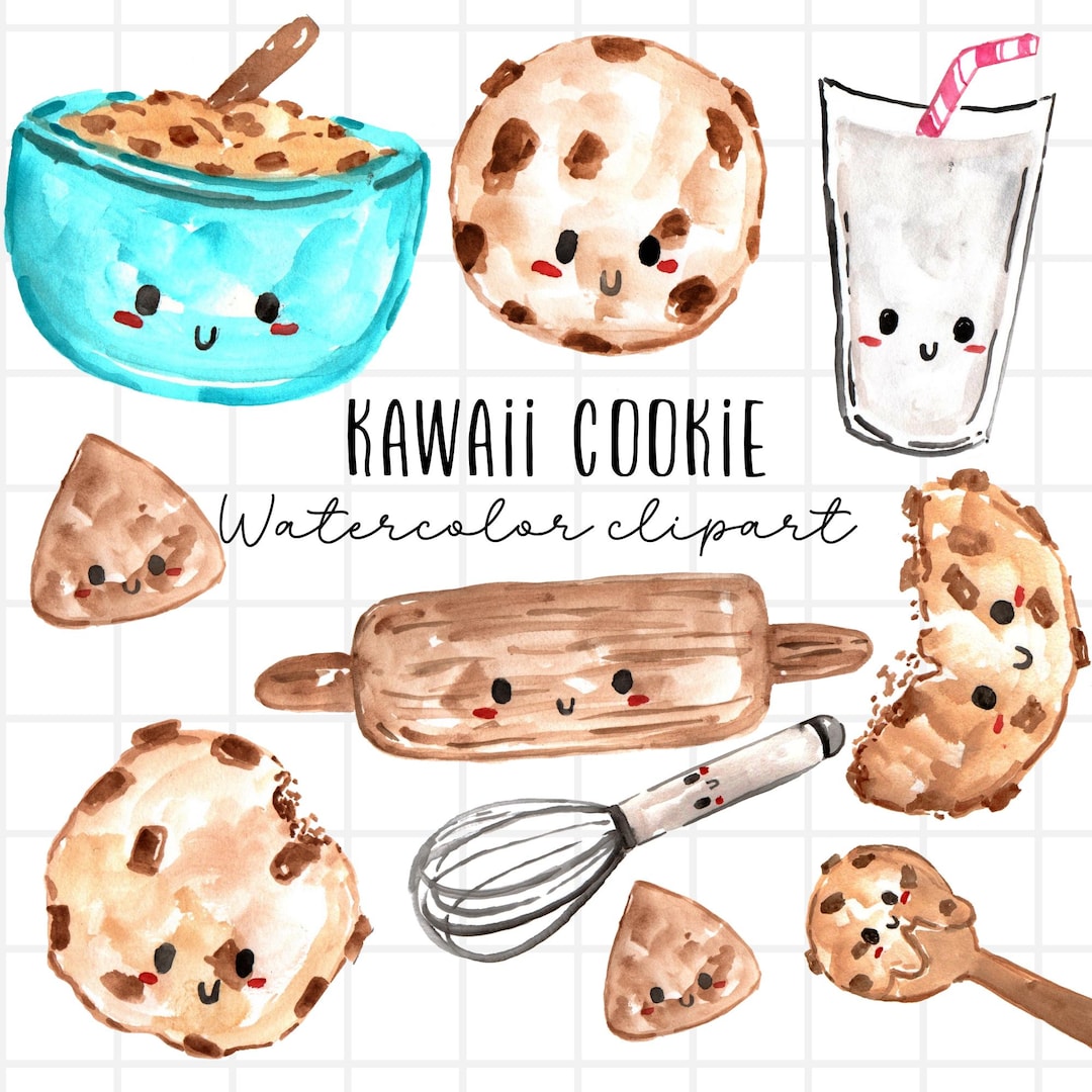 Watercolor Kawaii Cookie Clipart, Cute Cookies and Milk Graphics in PNG ...