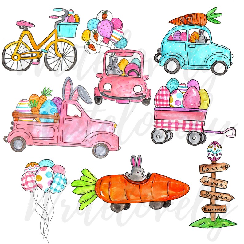 Watercolor Easter Clip Art Car Transportation Easter - Etsy
