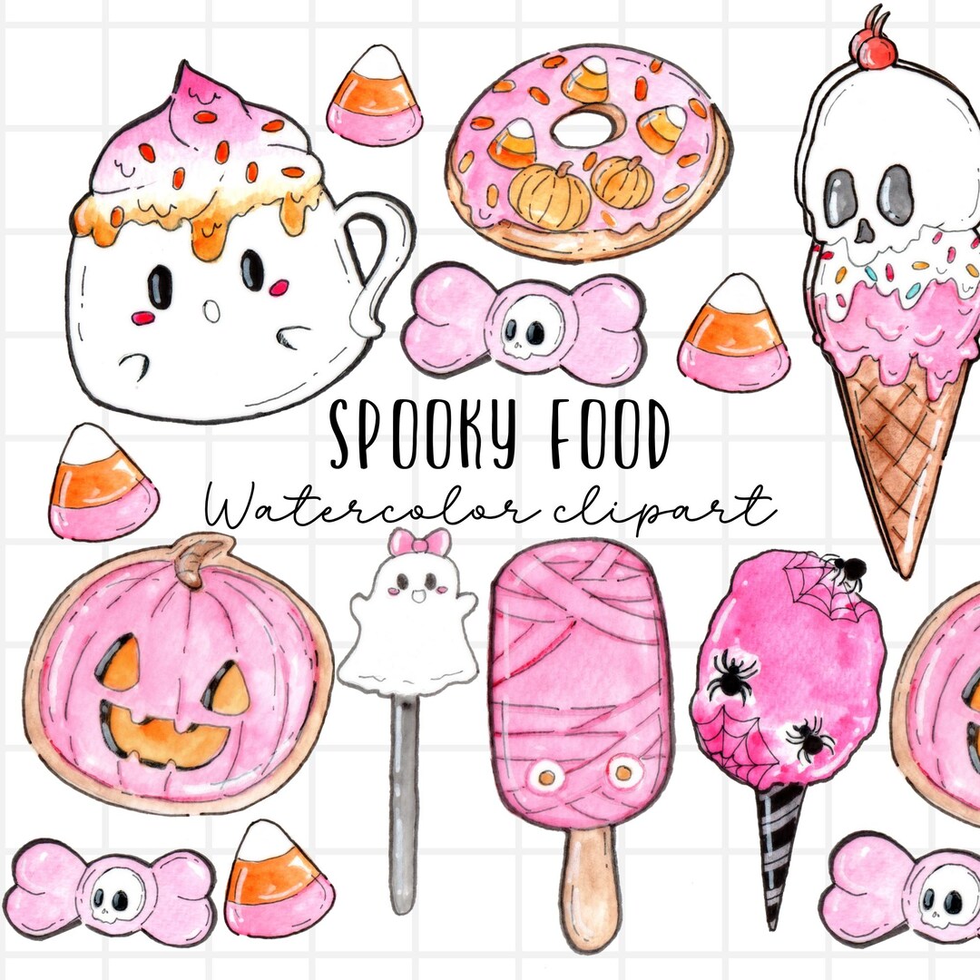 Watercolor Pink Halloween Spooky Treat Clipart, Cupcake, Cookie, Food ...