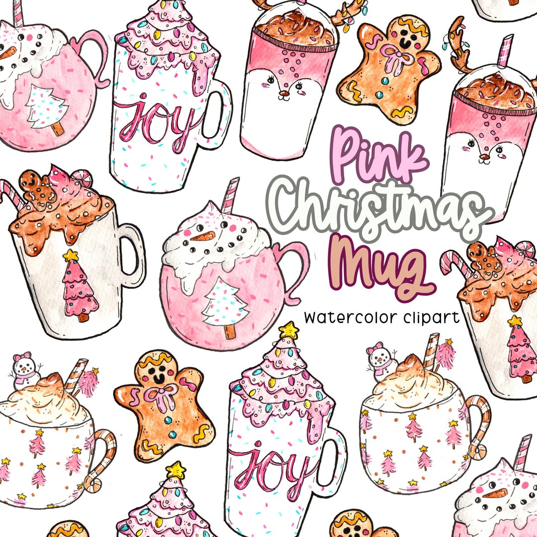 Watercolor Clipart Pink Christmas Mug, Coffee, Hot Chocolate, Hot Cocoa ...